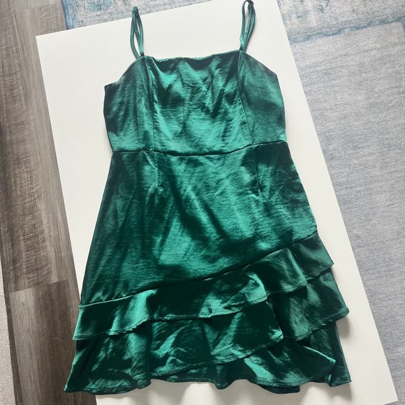 Lulus | Dresses | Lulus Emerald Green Satin Ruffled Mini Dress | Poshmark